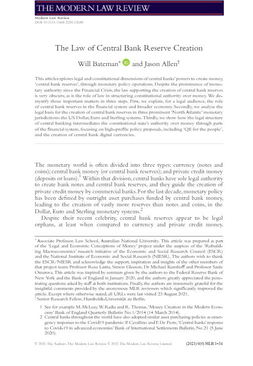 The Law of Central Bank Reserve Creation | ANU Law School